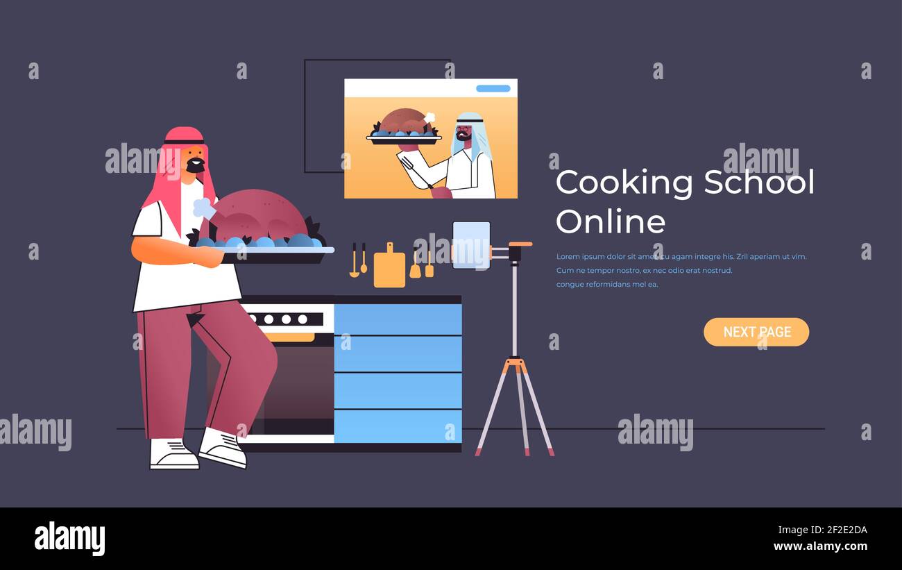arab man food blogger preparing turkey and watching video tutorial with ...
