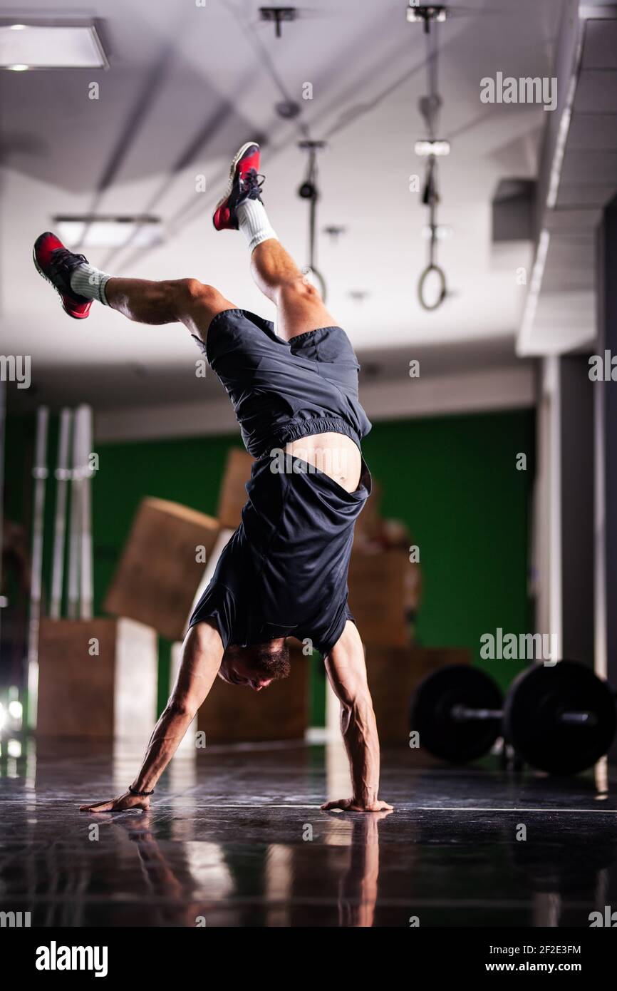 Muscular athlete standing and walking on hands upside down Stock Photo ...
