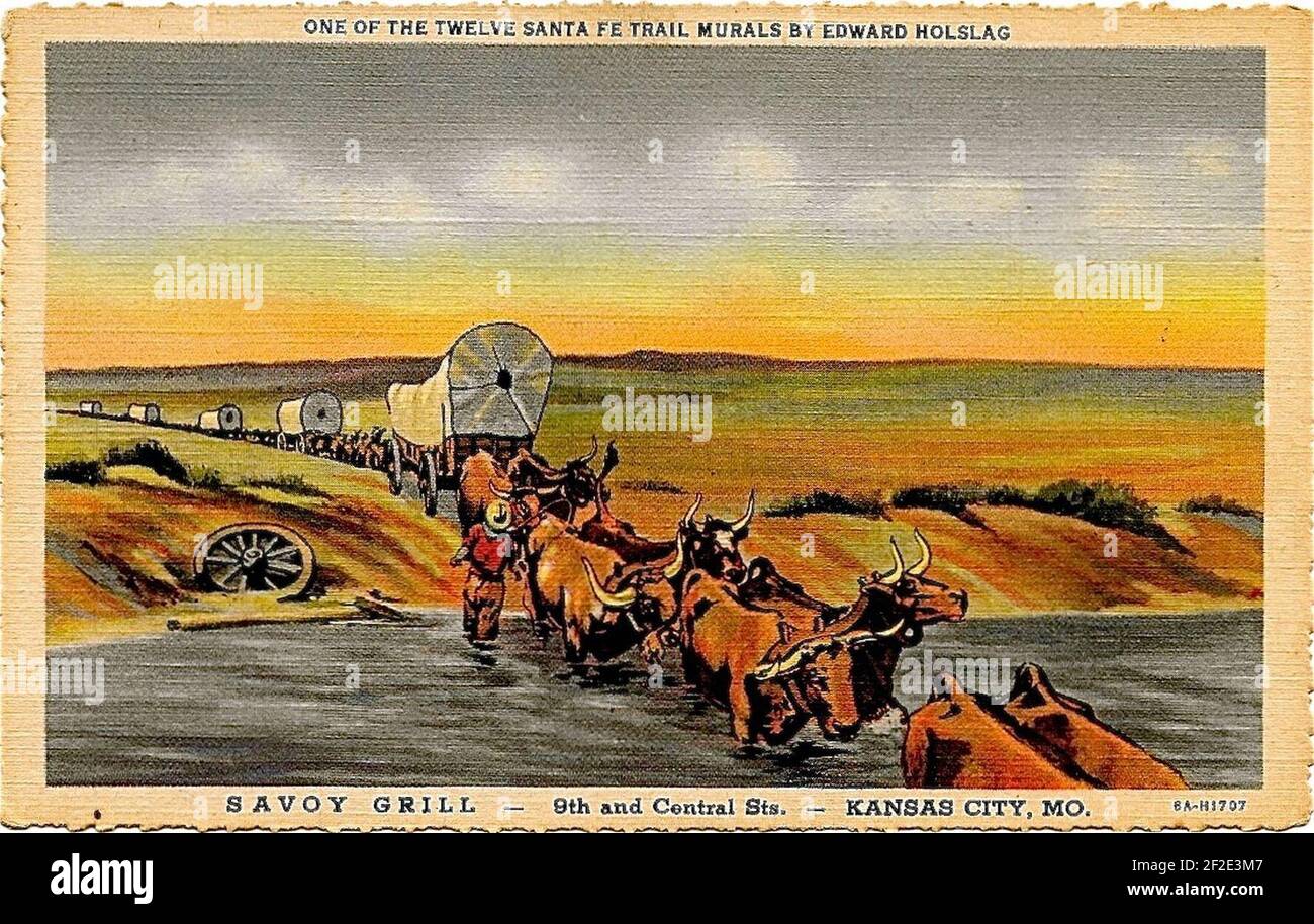 Postcard of one of the 12 Santa Fe Trail murals by Edward Holslag Stock ...