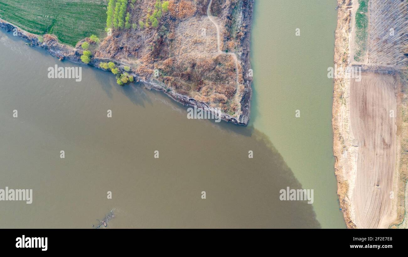 Wei River, China. March 11 2021: Photo taken from aerial view shows the ...