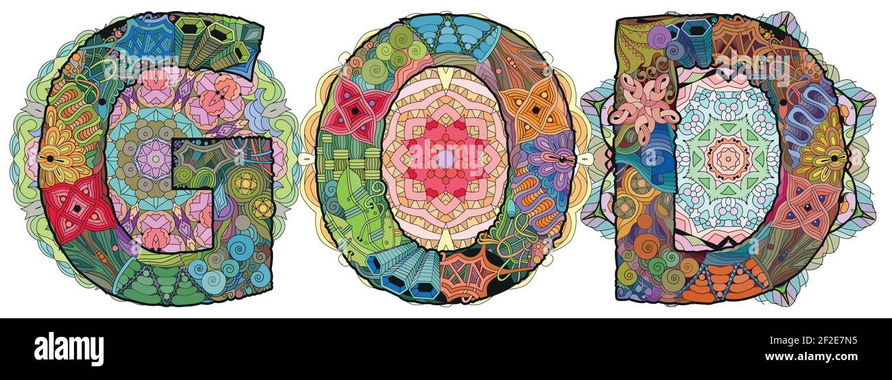 Hand-painted art design. Illustration word GOD with mandalas for t ...