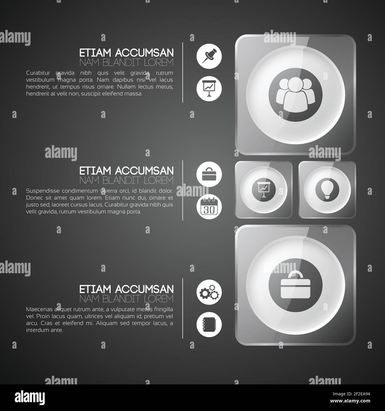 Abstract business infographics with gray web elements and icons on dark ...