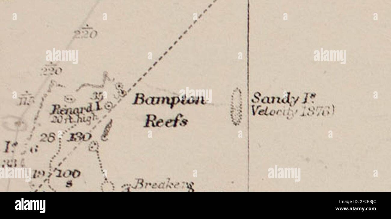 A crop showing clearly the non-existent "Sandy Island" on a 1908 Stock ...