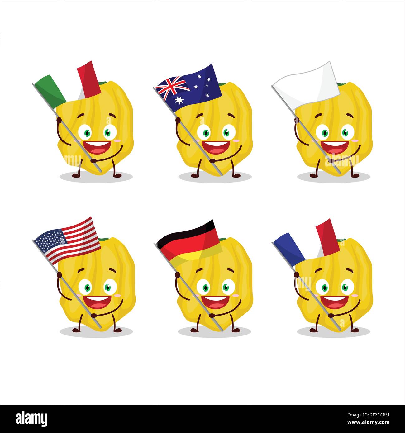 Yellow habanero cartoon character bring the flags of various countries ...