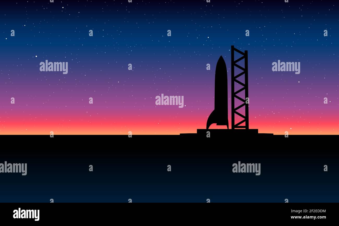Space rocket ready to start on launching site. Spaceship silhouette ...