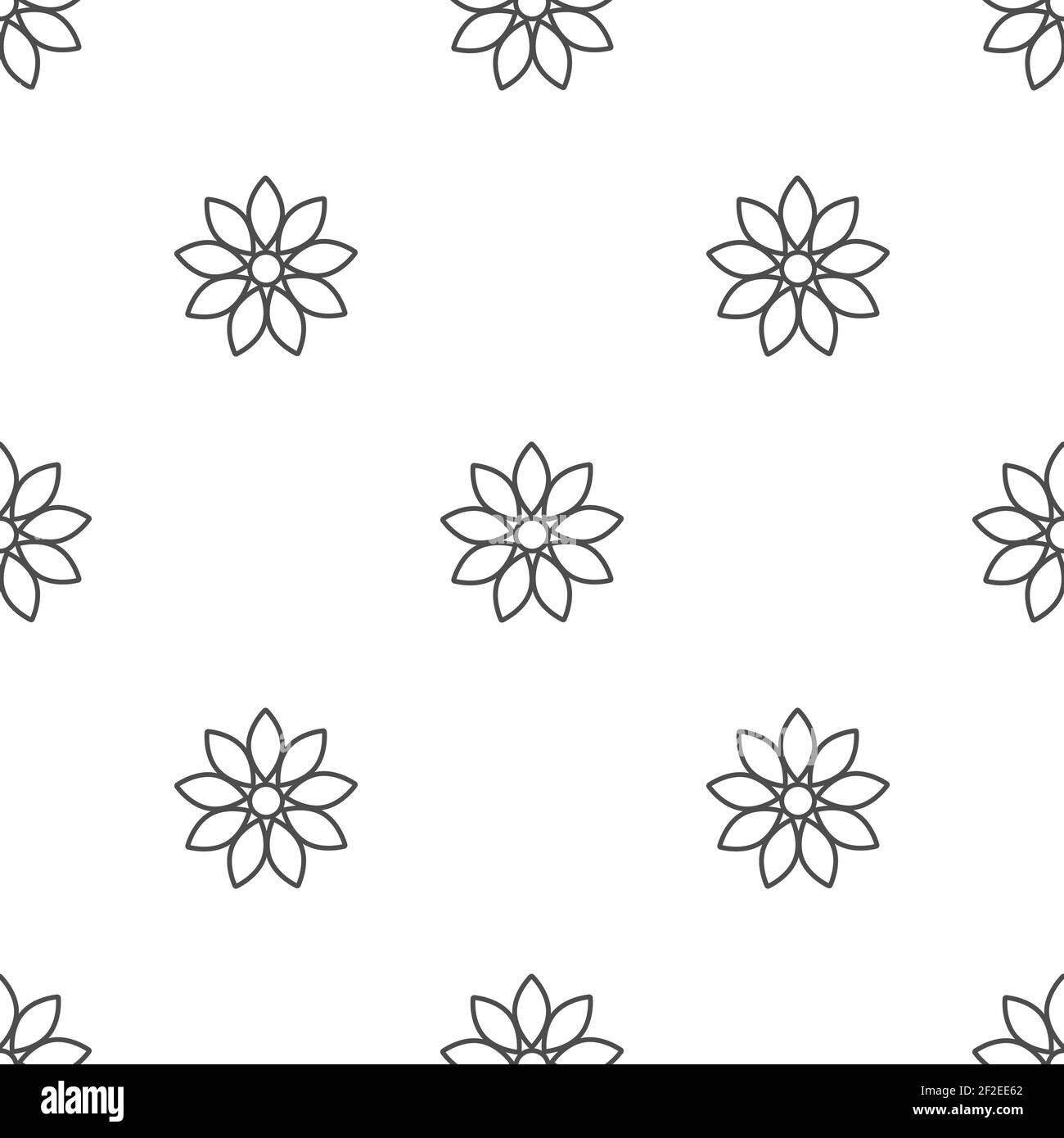 Seamless sun flower pattern. Black outline flat flowers on white ...