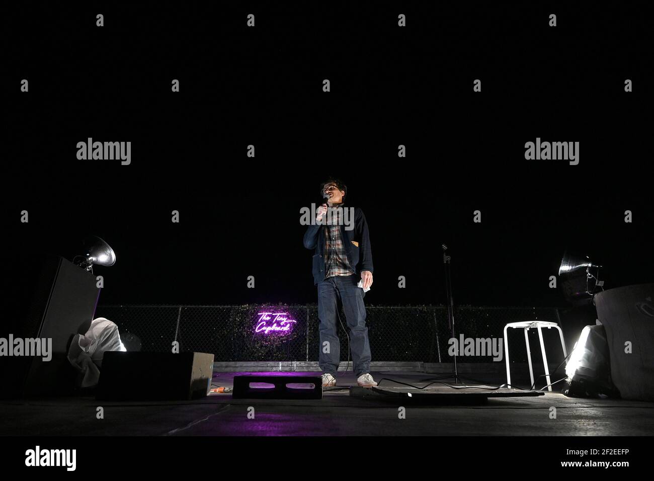 New York, USA. 11th Mar, 2021. Comedian Sam Mazany performs his stand ...