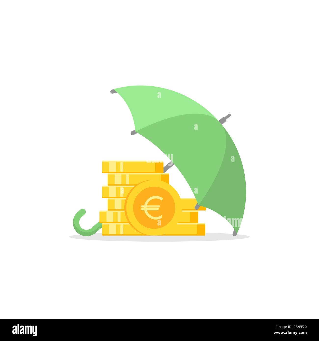 Green umbrella with gold euro coins stack under it. Vector flat icon ...