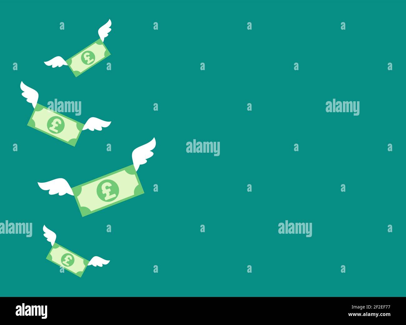 pound sterling banknotes with white wings. Flat blue background. Flying ...