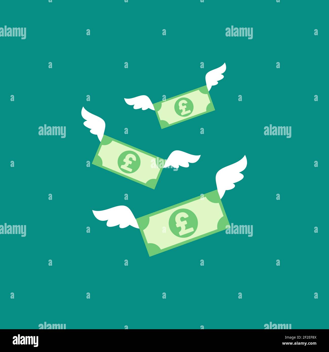 pound sterling banknotes with white wings. Flat blue background. Flying ...