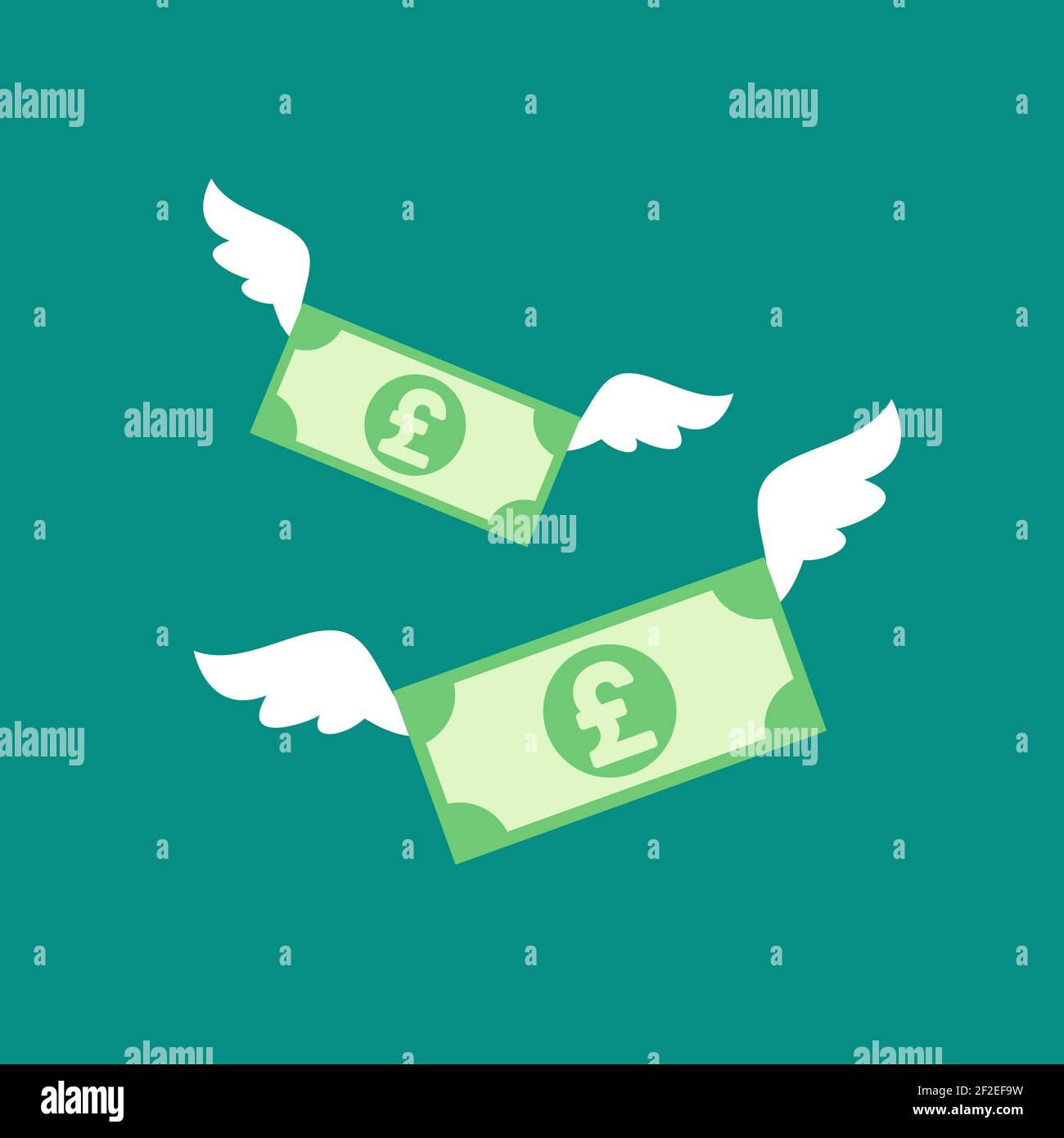 pound sterling banknotes with white wings. Flat blue background. Flying ...