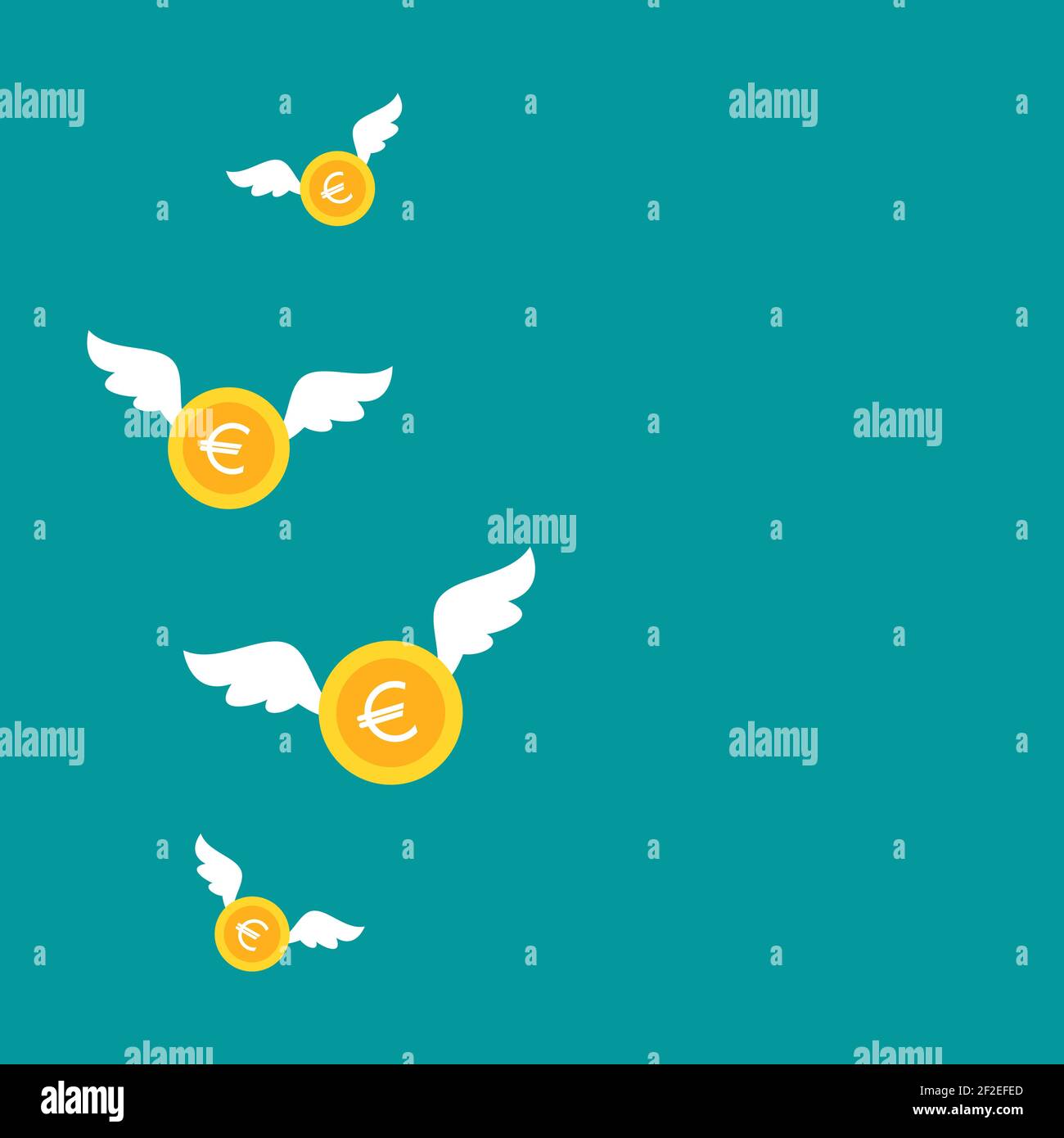 Gold euro coins with white wings. Flat blue background. Flying money ...