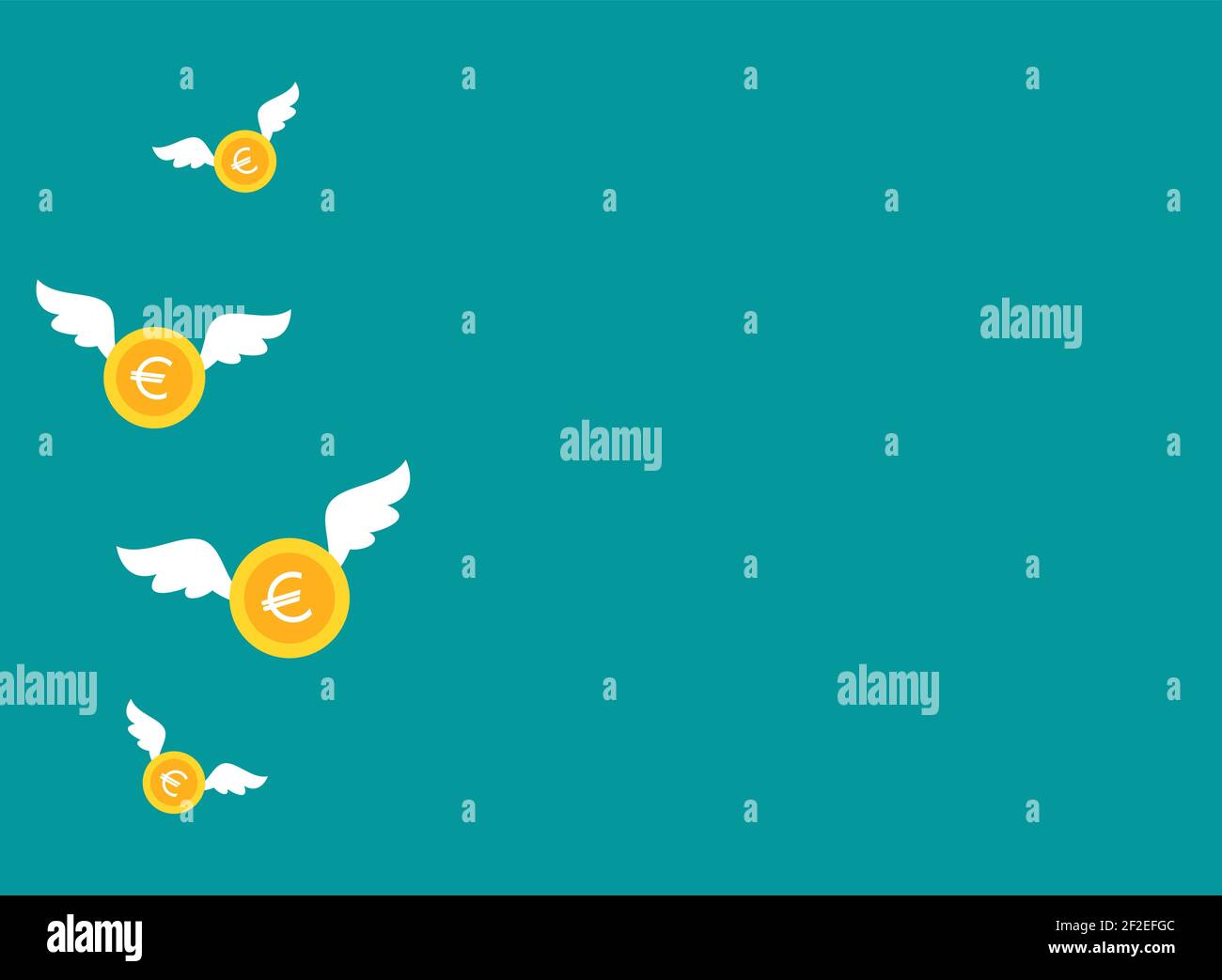 Gold euro coins with white wings. Flat blue background. Flying money ...