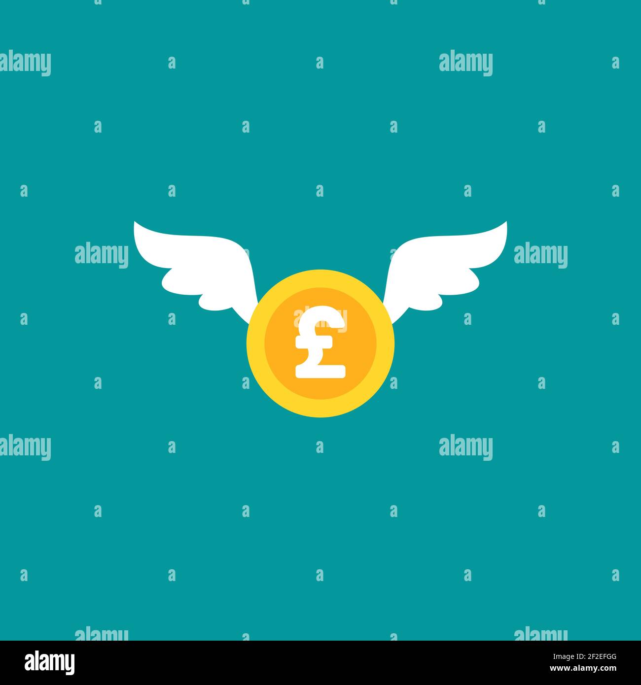 Gold pound sterling coin with white wings. Flat icon. Isolated on blue ...