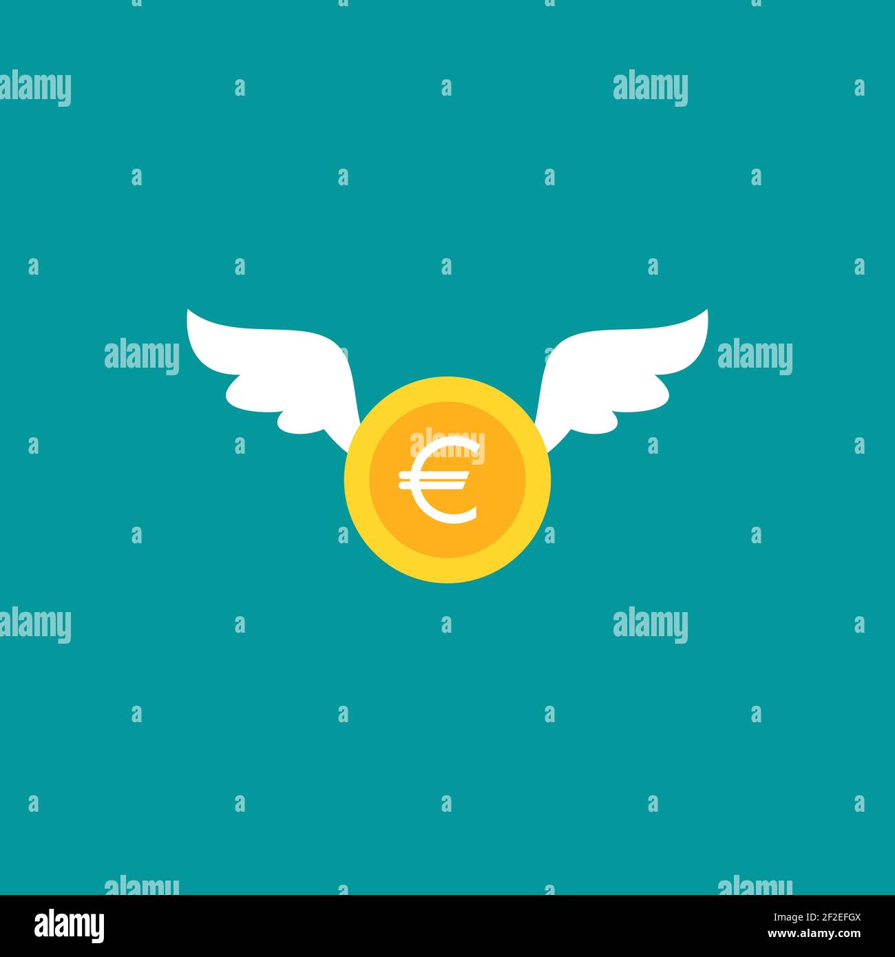 Gold euro coin with white wings. Flat icon. Isolated on blue background ...
