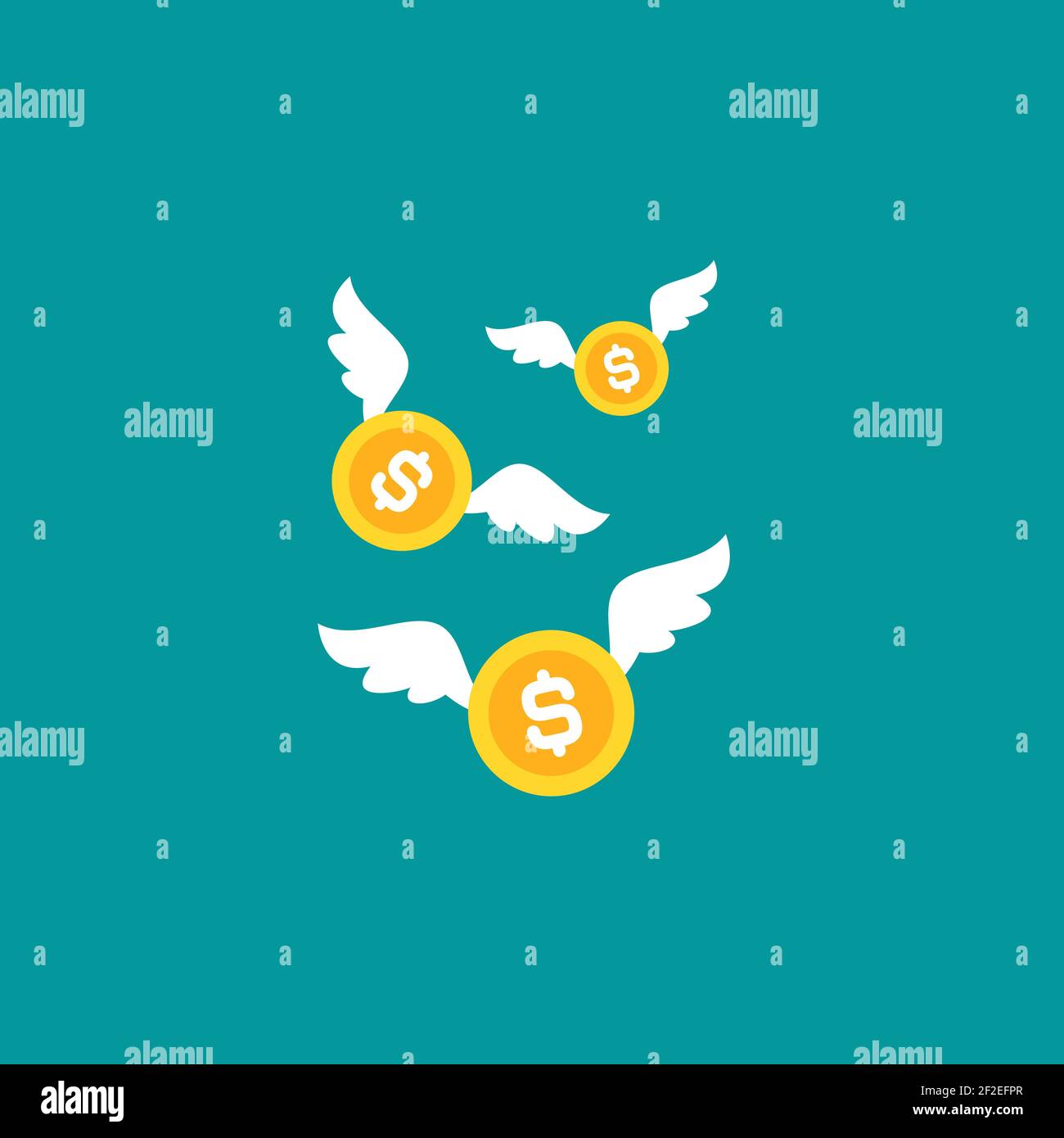 Gold dollar coins with white wings. Flat blue background. Flying money ...