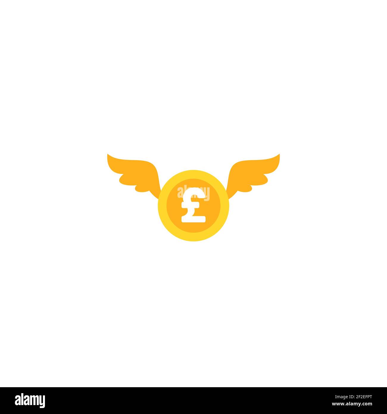 Gold pound sterling coin with white wings. Flat icon. Isolated on white ...