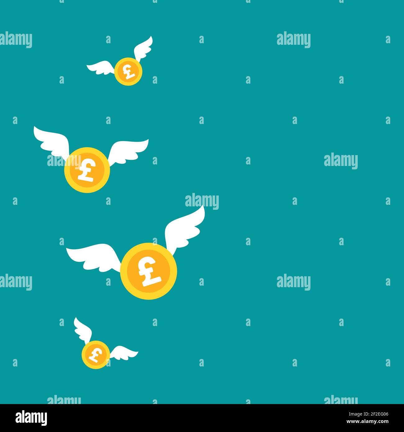 Gold pound sterling coins with white wings. Flat blue background ...