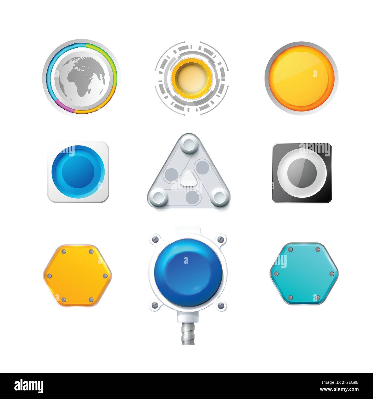 Set of nine colorful realistic buttons and switches for website or ...