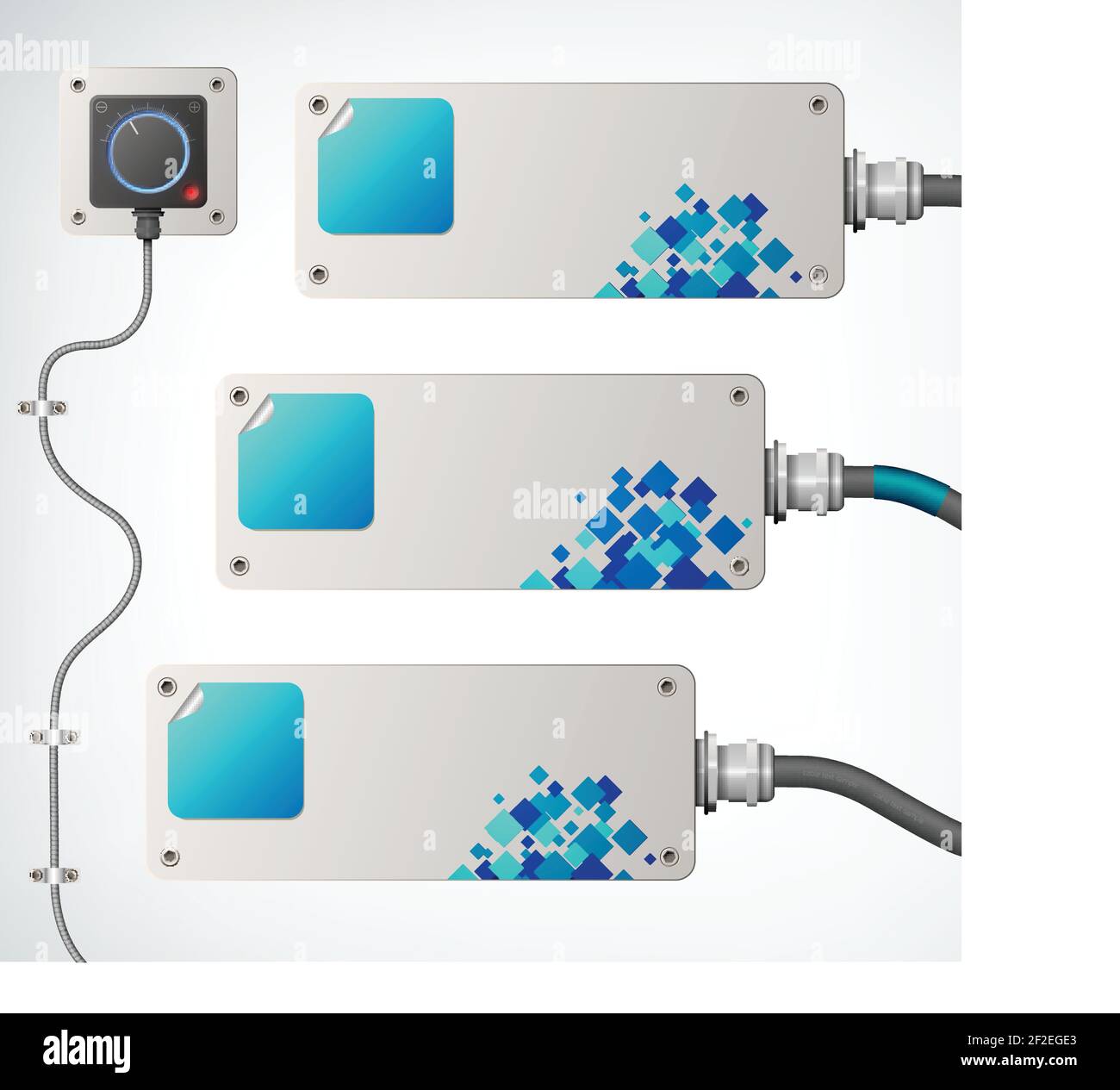 White and blue horizontal industrial banners set with socket and wires ...