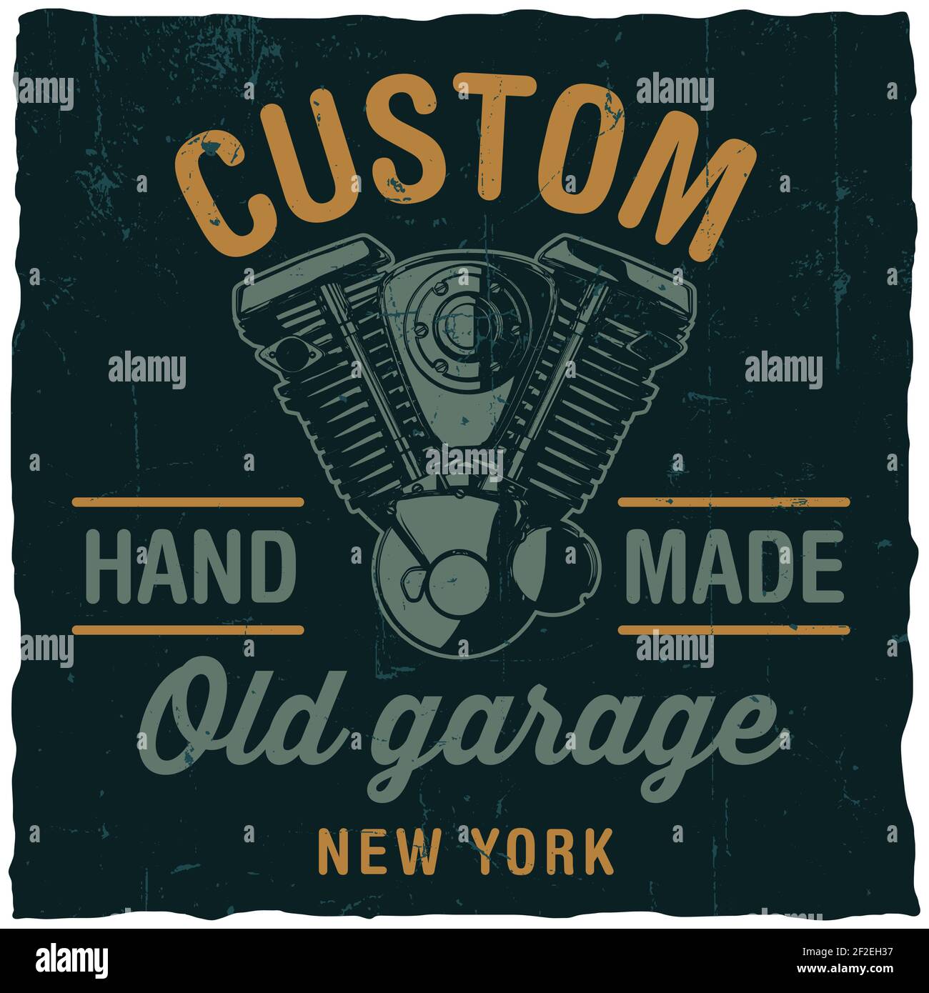Custom old garage poster with hand drawn motorcycle engine on black ...