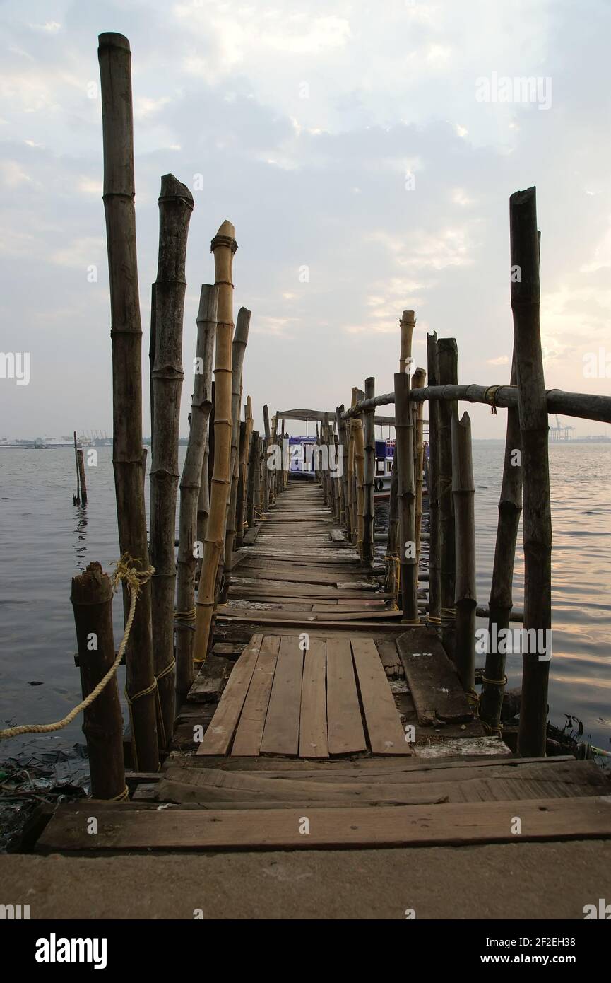 The old pier for boats made of bamboo, Cochin, Kerala, India Stock ...