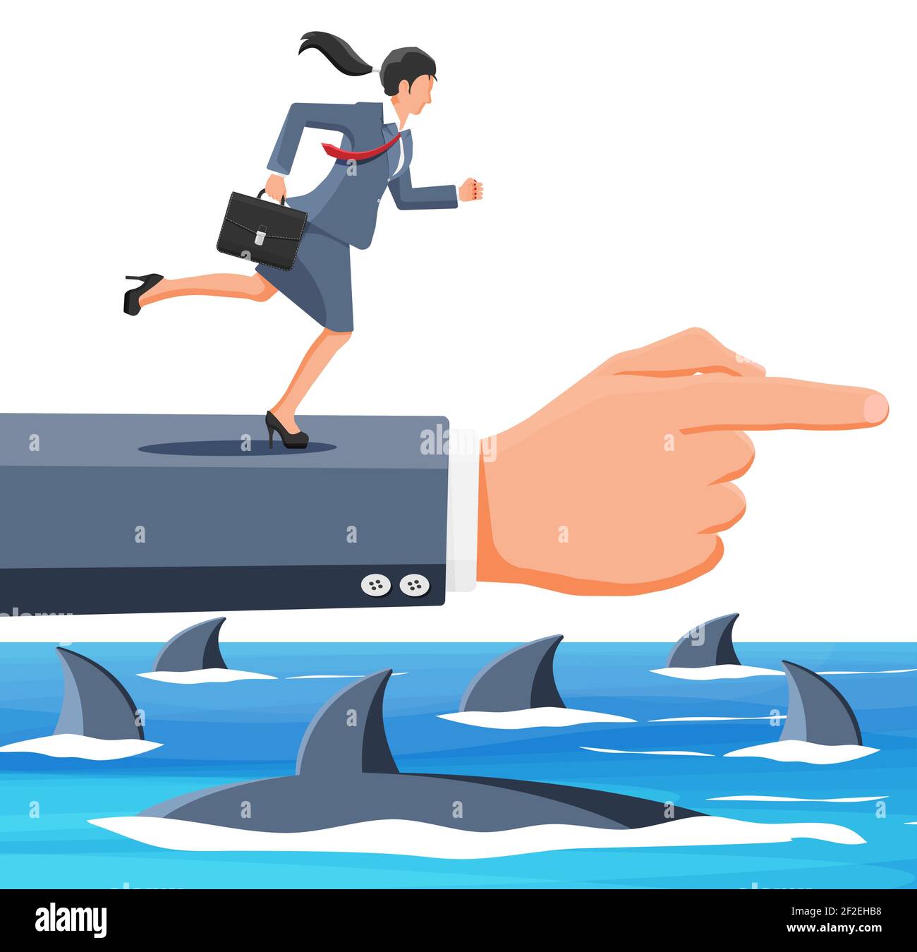 Businesswoman Running On Hand Over Shark In Water Business Woman In