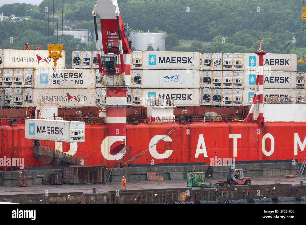 Crane unloaded container cargo ship Sevmorput Rosatomflot Russian ...