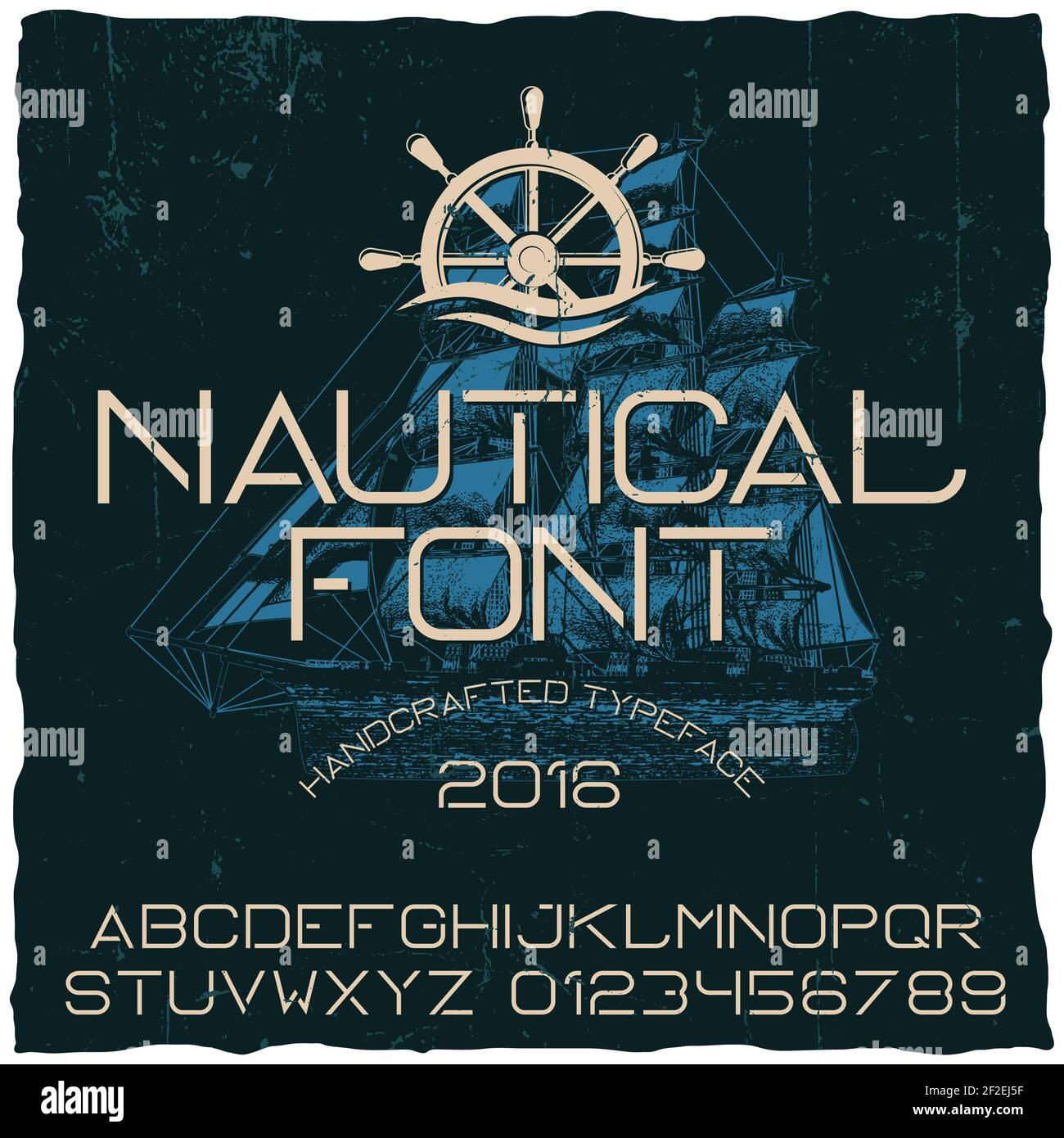 Nautical hand crafted typeface poster with ship on dark background ...