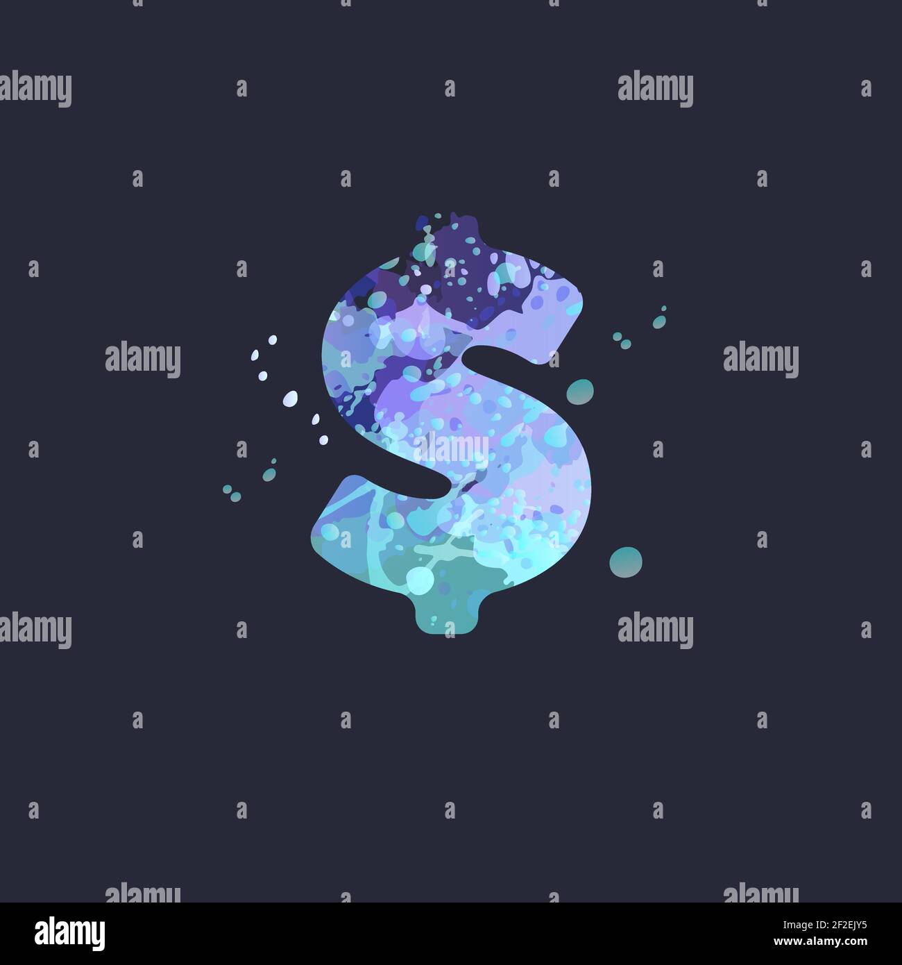 Special symbol dollar sign with effect of liquid spots of paint in blue ...