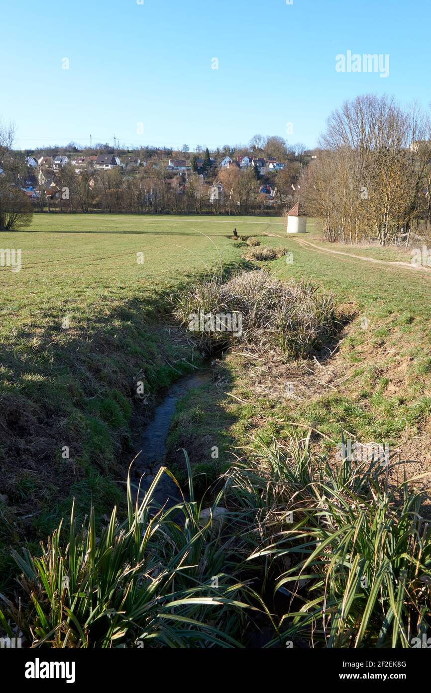A scenic view of a greenfield near a village under clear blue sky ...