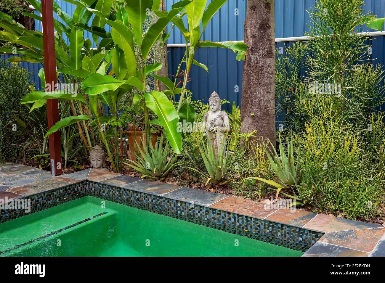 Swimming pool surrounds with garden statues and cool water amongst ...