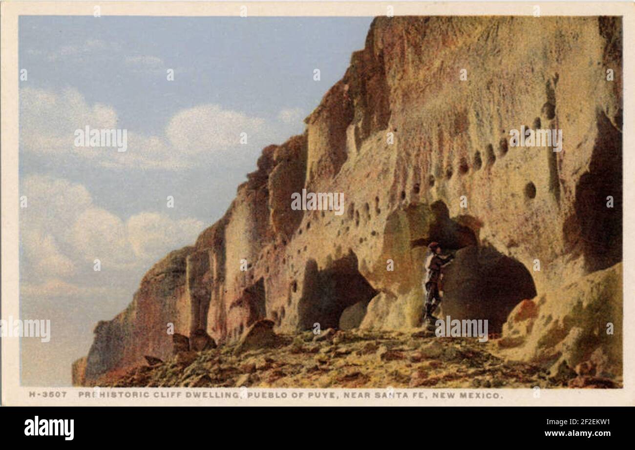 Prehistoric Cliff Dwellings, Pueblo of Puye, Fred Harvey Stock Photo ...