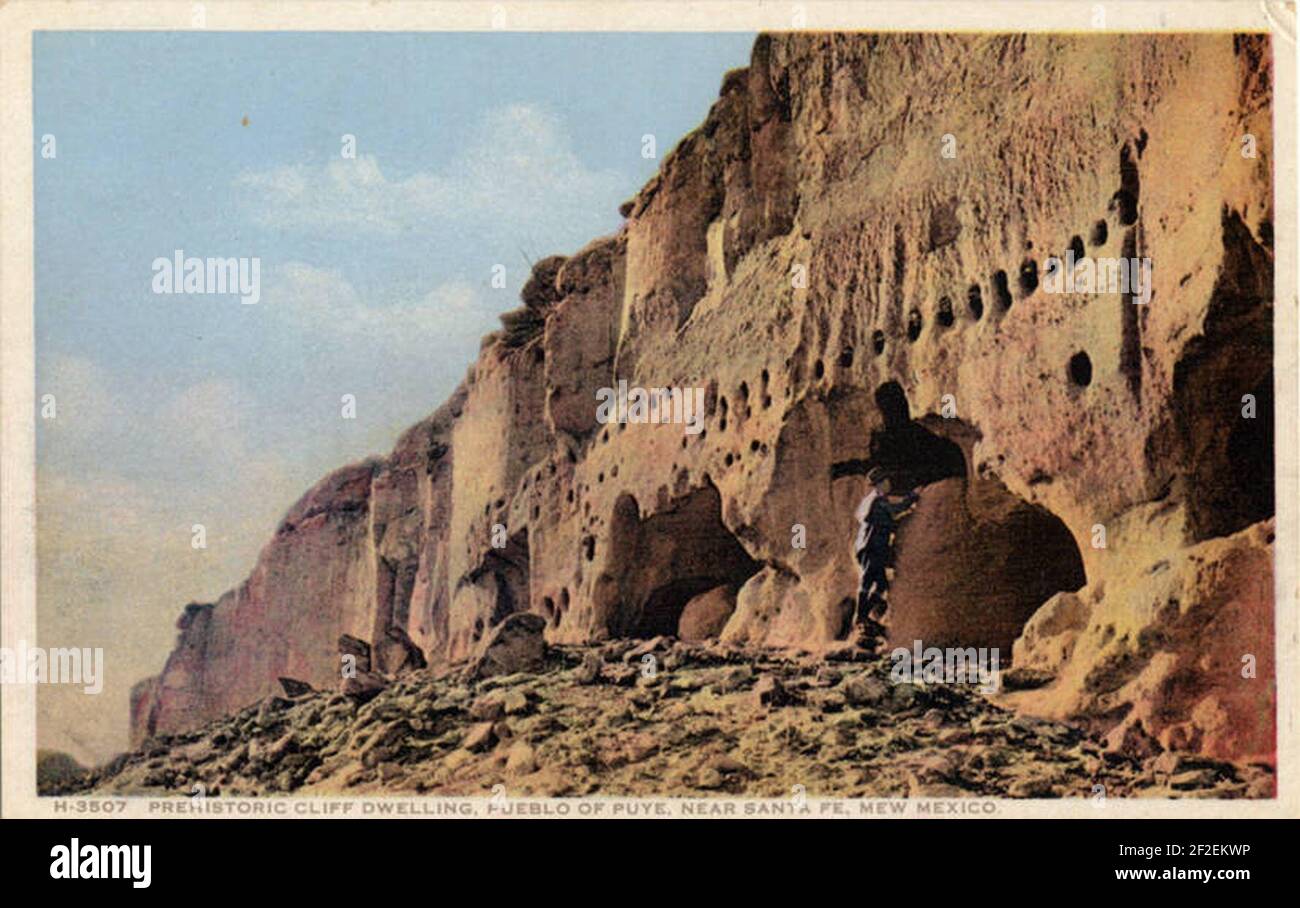 Prehistoric Cliff Dwellings, Pueblo of Puye, Fred Harvey Stock Photo ...