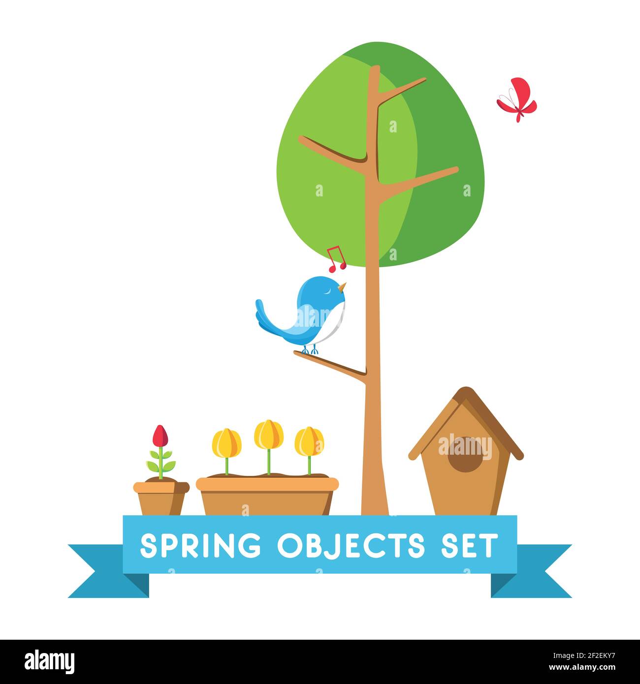 Design spring objects set poster with tree, pot, ground, tulip, bird ...