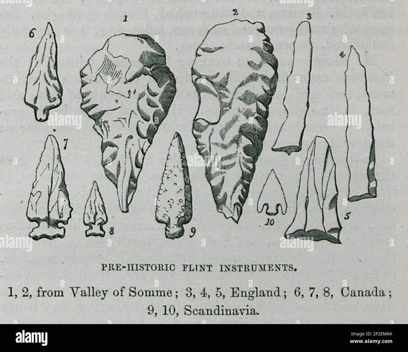 Prehistoric flint instruments 1,2 from valley of Somme; 3,4,5, England ...