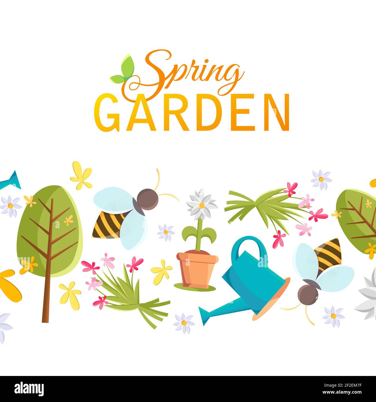 Spring garden design poster with tree, pot, bee, watering can, bird ...