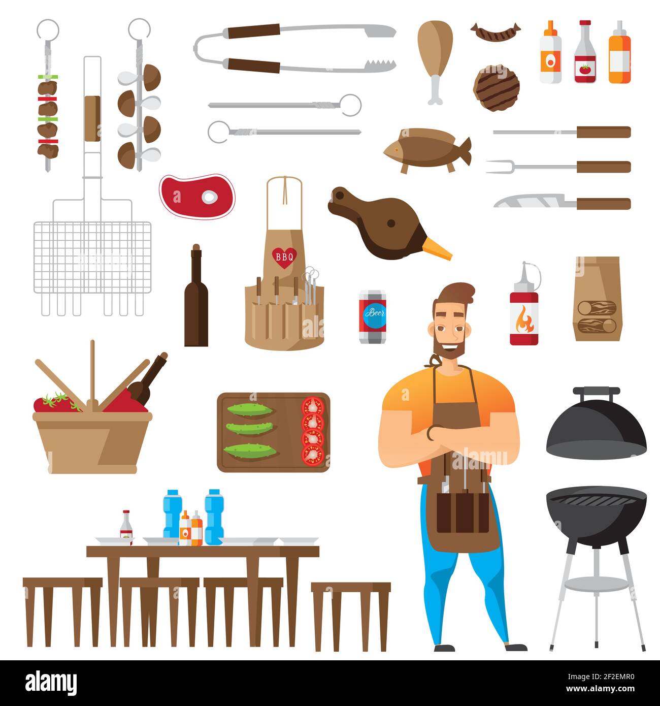 Bbq and grill accessories flat icons set isolated Stock Vector Image ...