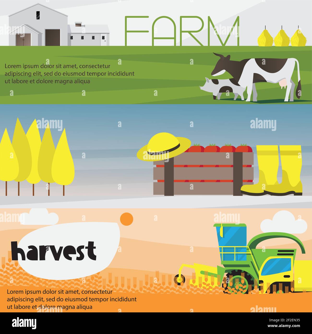 Farm harvest horizontal banners set isolated Stock Vector Image & Art ...