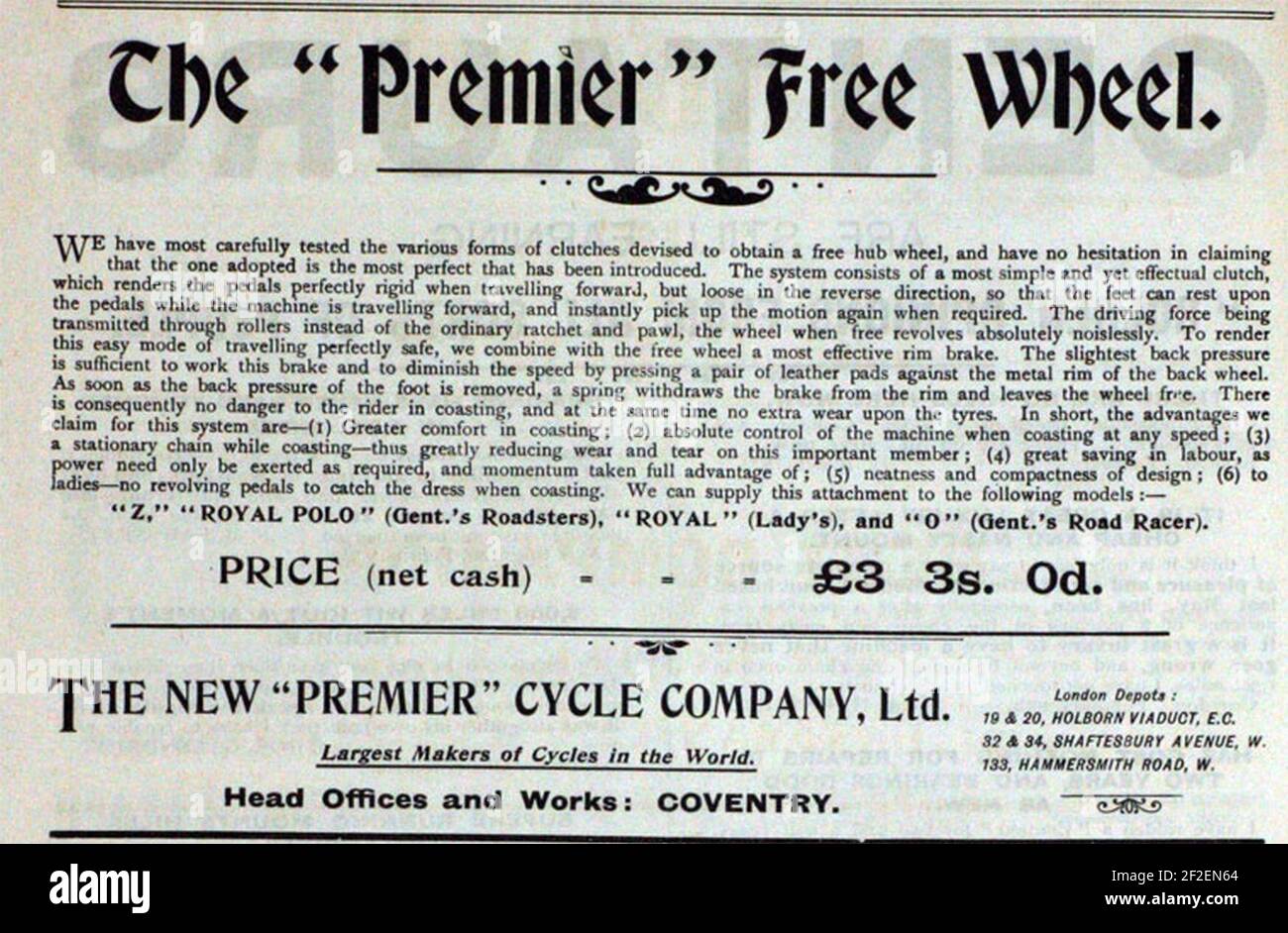 Premier 'Free Wheel' bicycle ad (1899 Stock Photo - Alamy