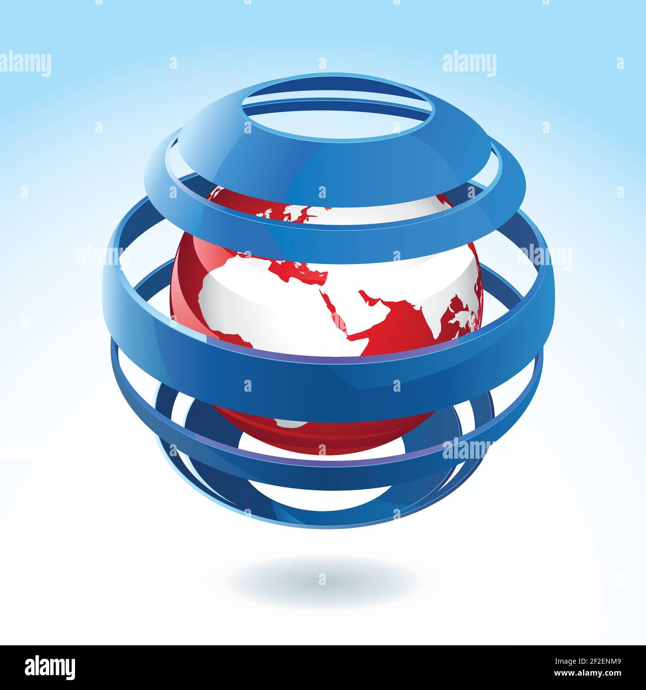 Black and red earth globe icon with blue ribbon around on background with gradient effect 3d ...