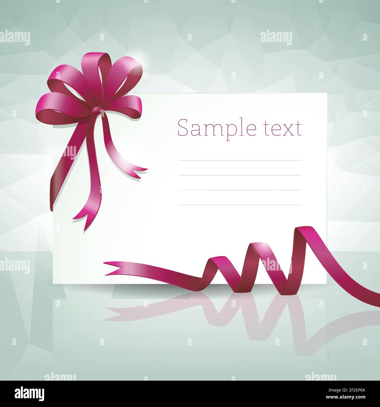 Blank gift card with purple bow ribbon and sample text on light glassy ...