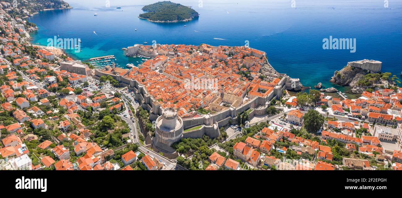 Aerial panorama drone shot of old town Dubrovnik by Adriatic sea in ...