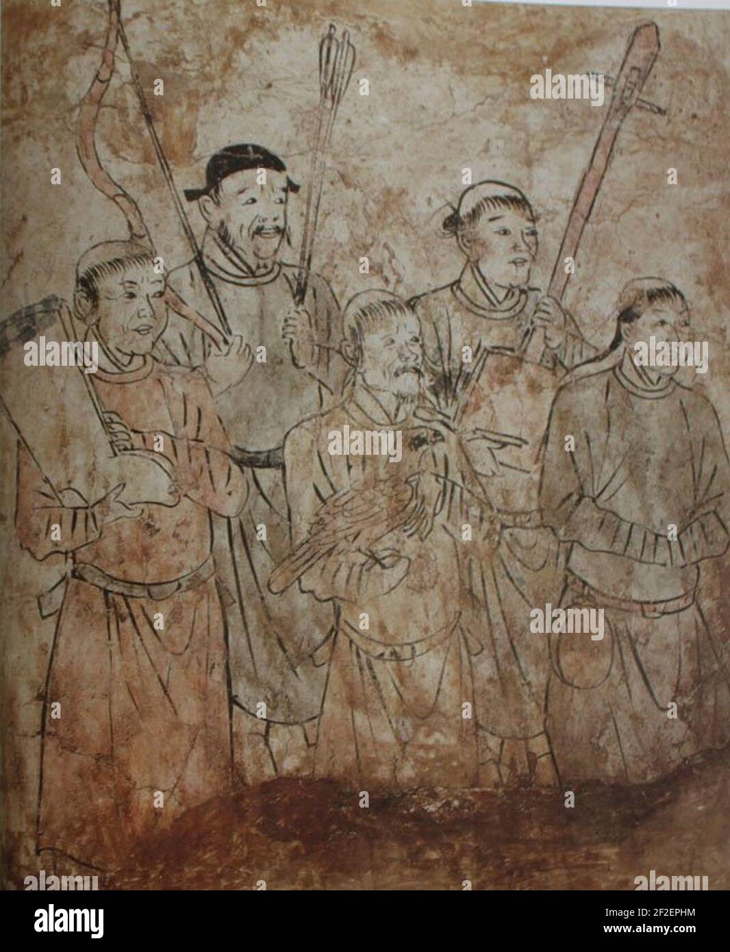 Preparing for hunting, mural from Tomb in Aohan, Liao Dynasty Stock ...