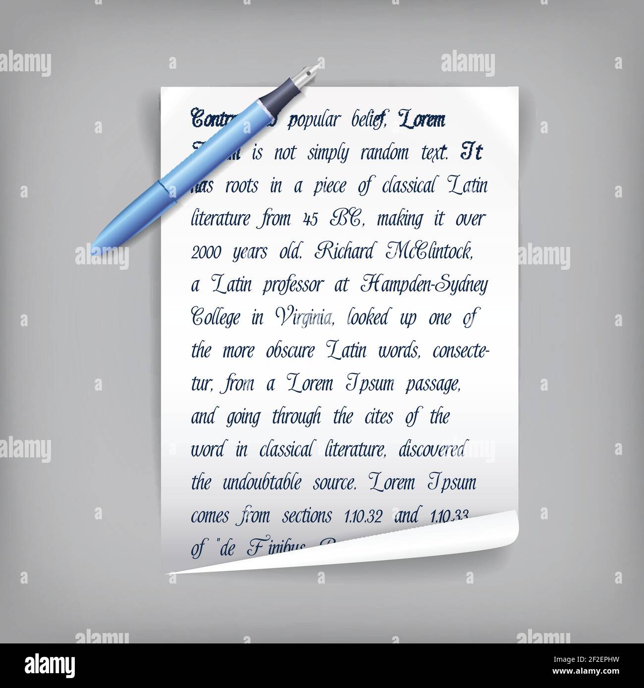 Pen and white sheet of paper with penscript text on grey background ...