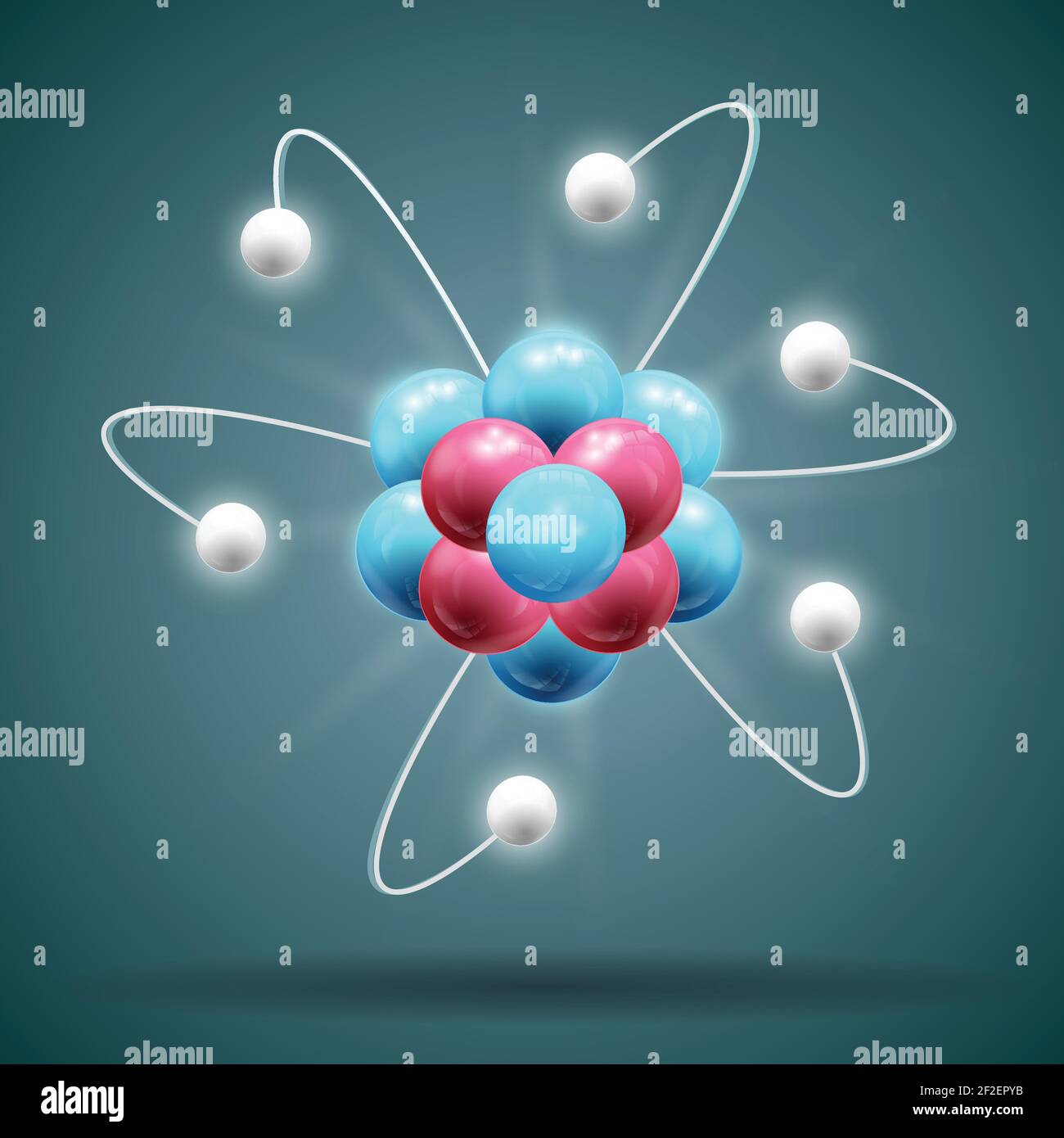 Science atom chain in white blue and red colors on dark green ...