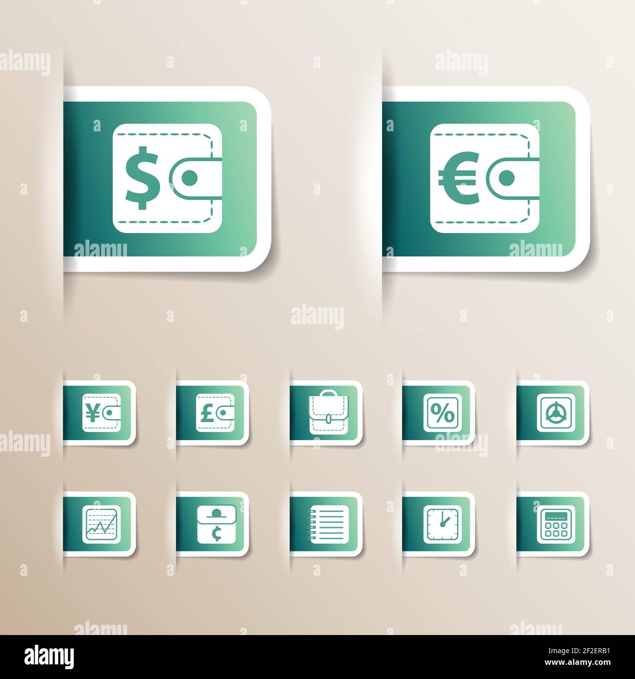 Green money icons set of various sizes with different symbols and white ...