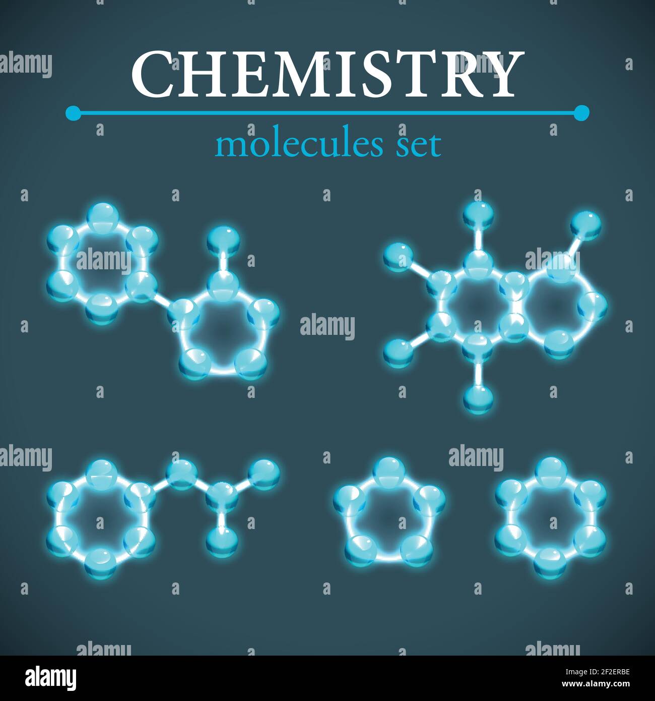 Chemistry concept blue shiny molecules decorative icons set isolated ...