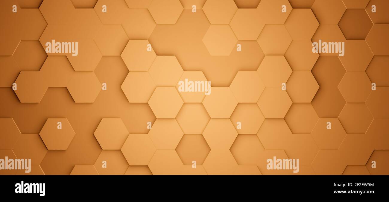 Hexagons or honeycombs tiles, 3D rendering, orange hexagonal wallpaper, network connection ...