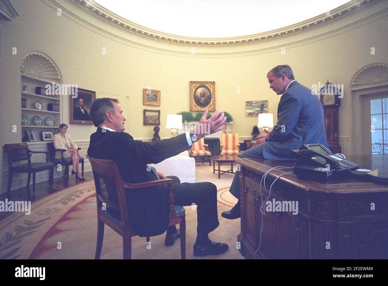 President George W. Bush Listens to His Father in the Oval Office Stock ...